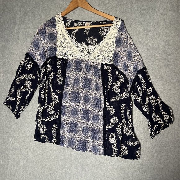Bila | Tops | Bila Top Womens 2xl Blue Boho Artsy Semi Sheer Lace ...